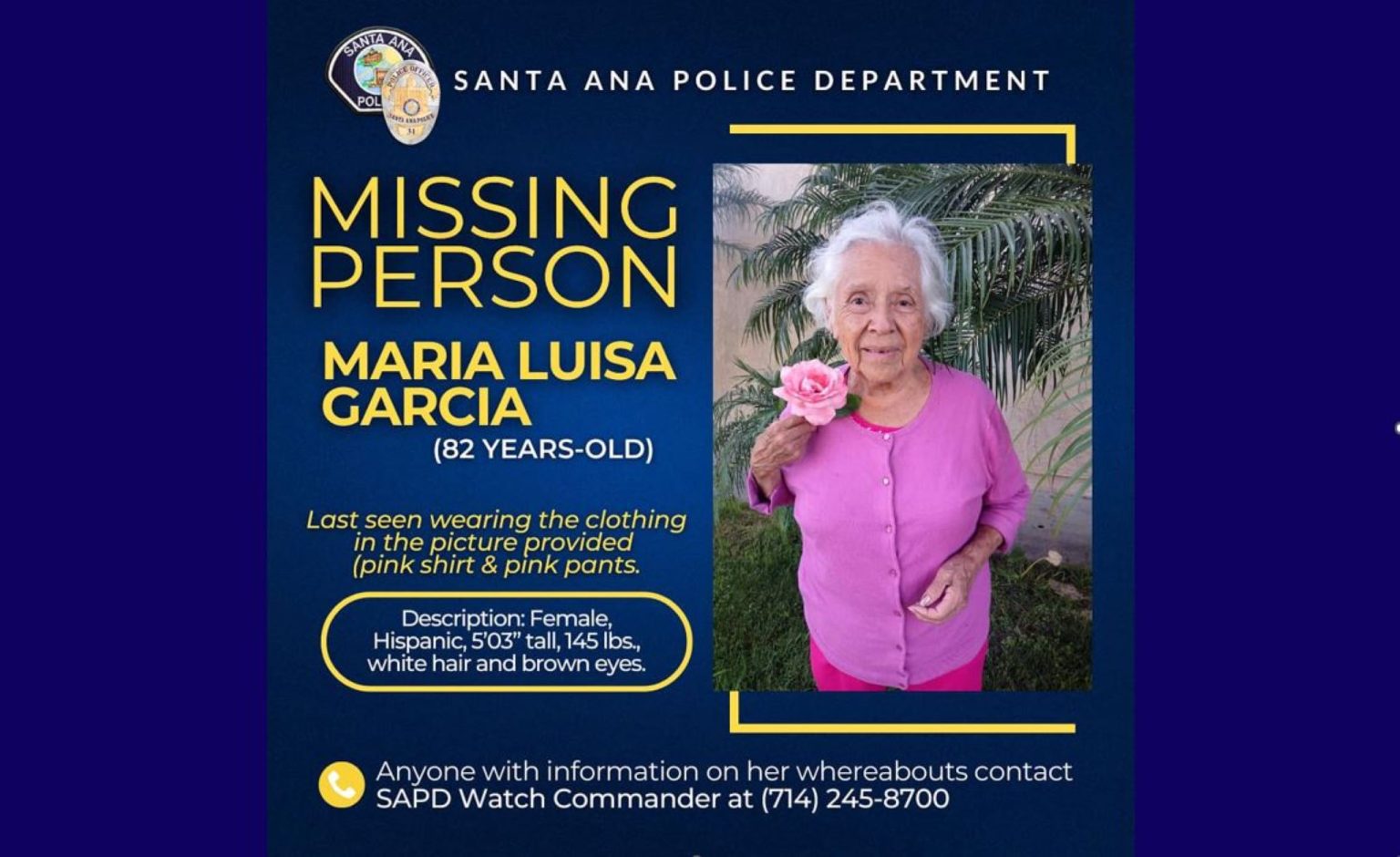 The SAPD is searcing for a critical missing elderly person - New Santa Ana