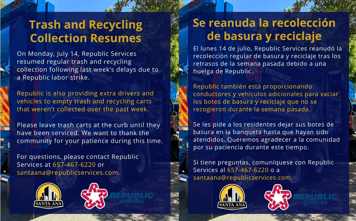 Republic Services has resumed trash collection in Santa Ana - New Santa Ana